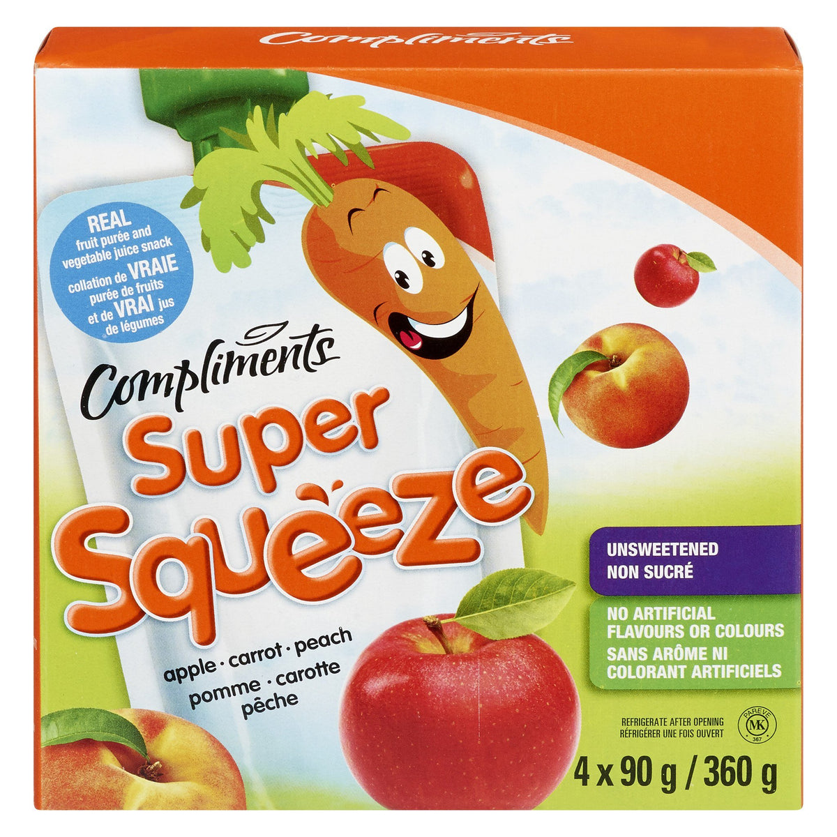 COMPLIMENTS SUPER SQUEEZE SNACK APPLE CARROT PEACH 4S 360 G — Delivurr